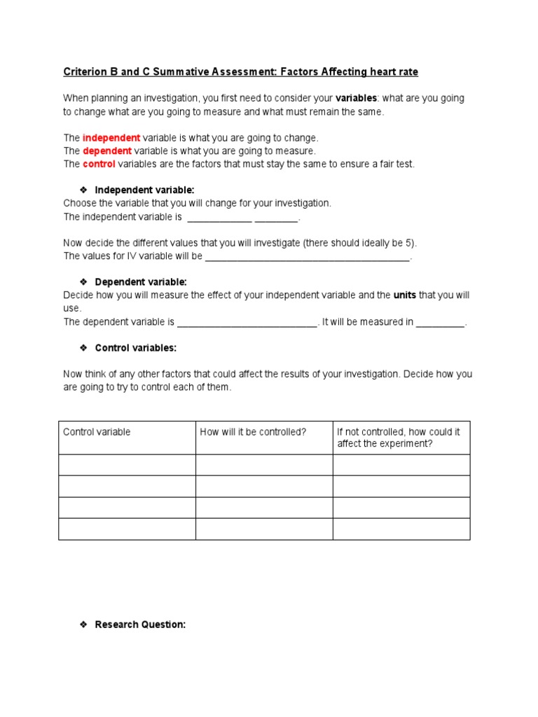 Criterion B and C Summative Assessment: Factors Affecting Heart Rate ...