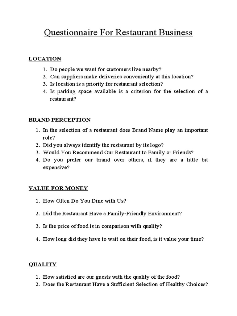 Questionnaire For Restaurant Business | PDF