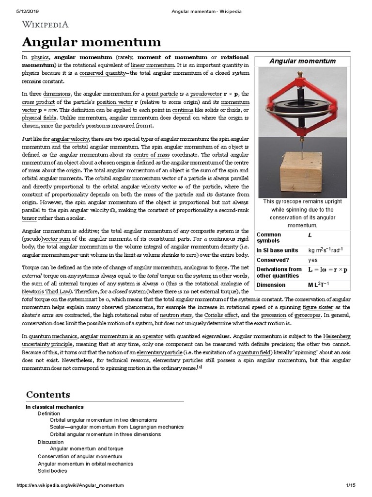 Angular Momentum - Wikipedia PDF | PDF | Angular Momentum | Rotation Around A Fixed Axis