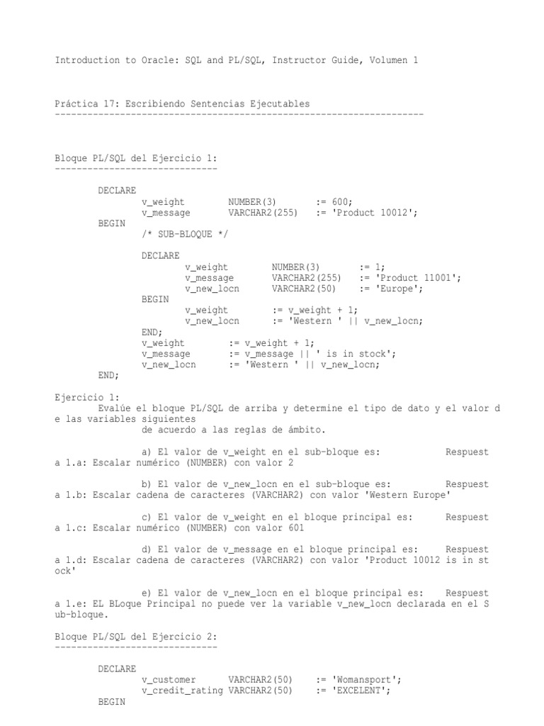 Guía de Ejercicios PL/SQL para Instructores | PDF | Pl / Sql | SQL