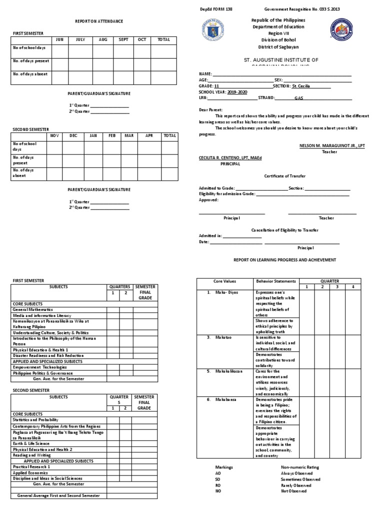 Grade 11 REPORT CARD GAS | PDF | Literacy | Social Science