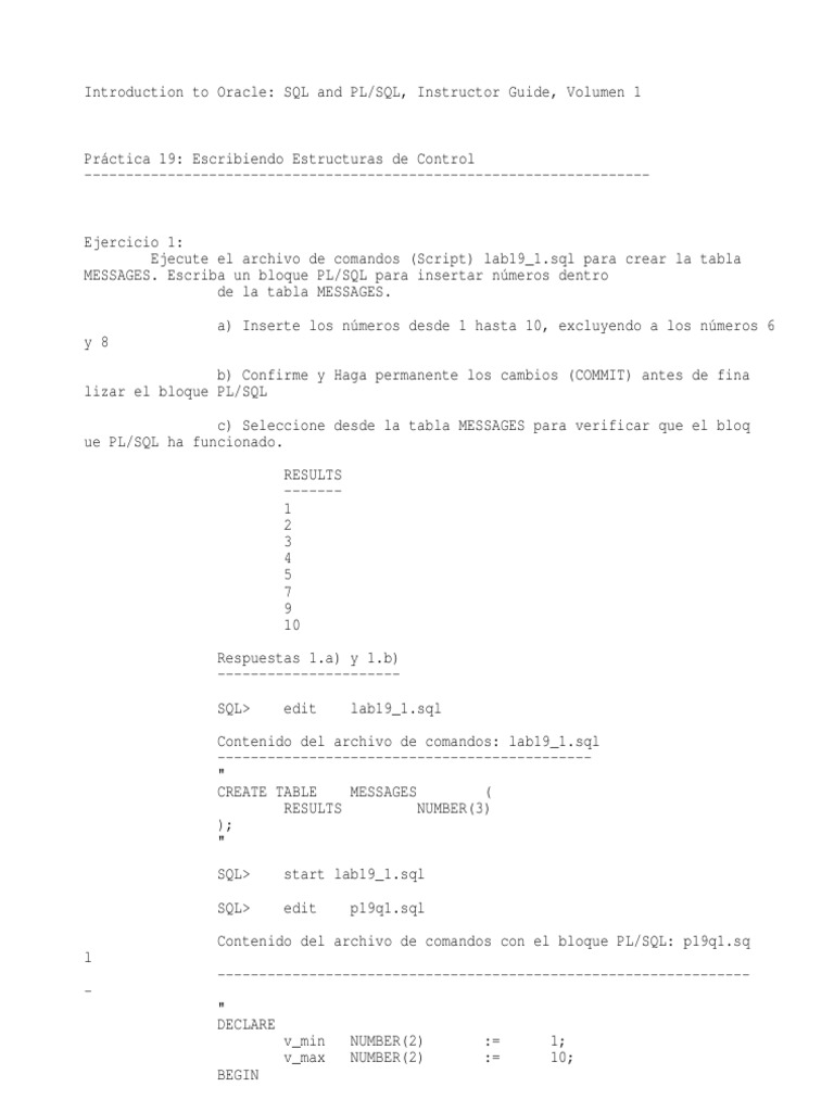 Respuestas Oracle PL-SQL Practica 19 | PDF | Pl / Sql | SQL Respuestas Oracle PL-SQL Practica 19 | PDF | Pl / Sql | SQL