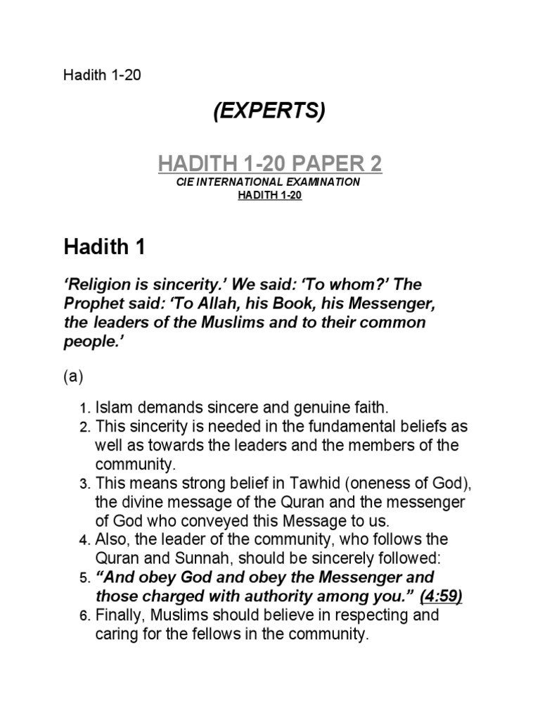 O Levels Islamiyat Hadith | PDF | Prophets And Messengers In Islam | Hadith