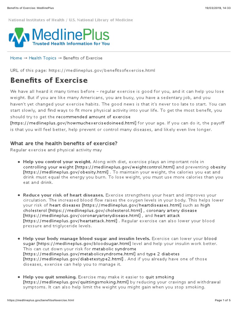 Benefits of Exercise: MedlinePlus | PDF | Physical Fitness ...