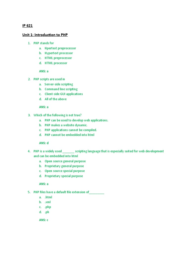 IP 621 Unit 1: Introduction To PHP: ANS: A | PDF | Php | Variable (Computer Science)