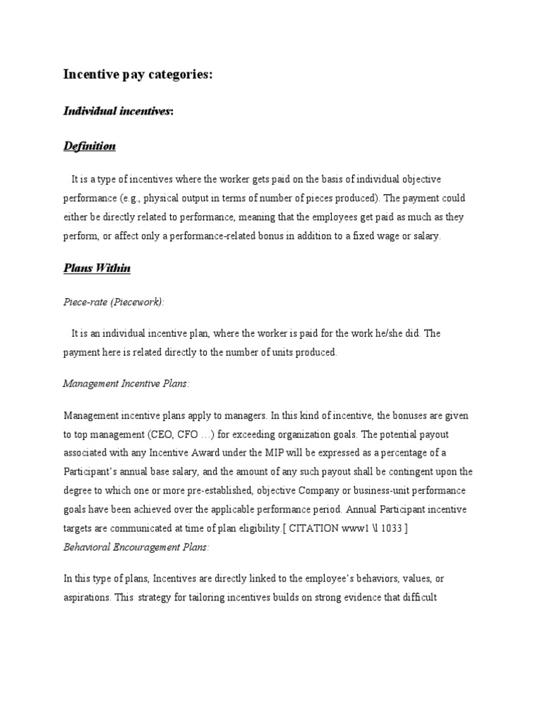 Incentive Pay Categories and Plans | PDF | Incentive | Piece Work