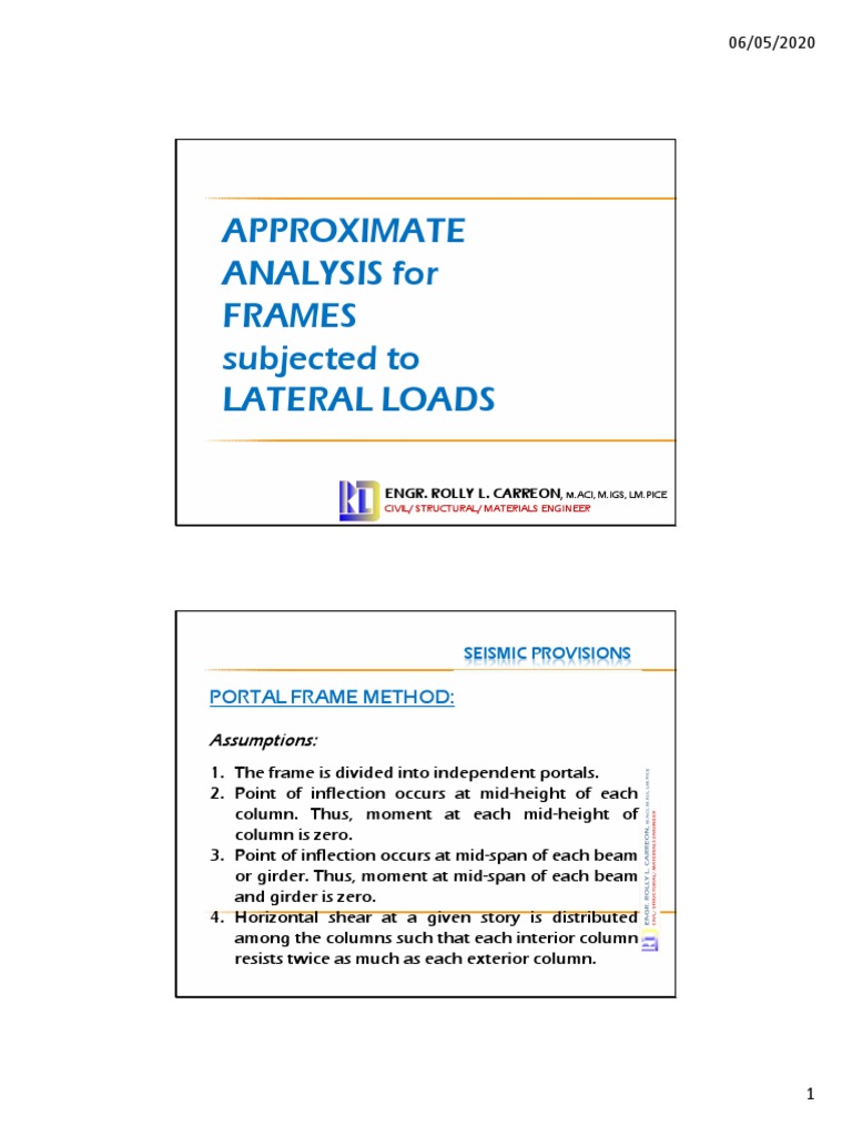 Approximate Analysis For Frames Subjected To Lateral Loads: Portal Frame Method | PDF | Bending ...