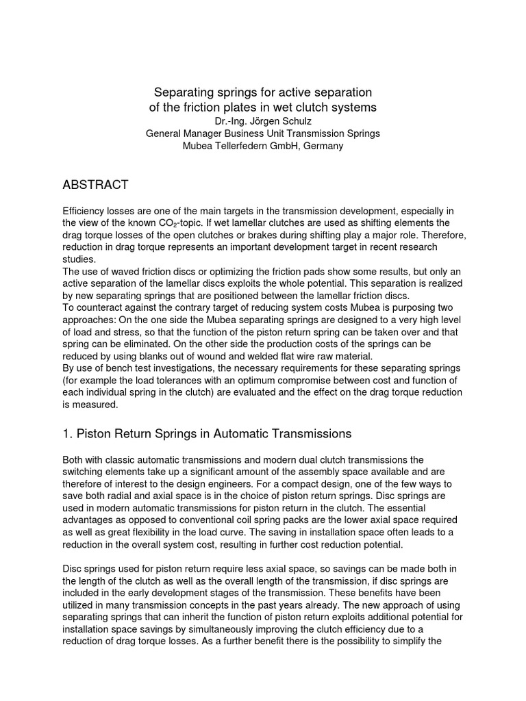 Separating Springs For Active Separation of The Friction Plates in Wet ...