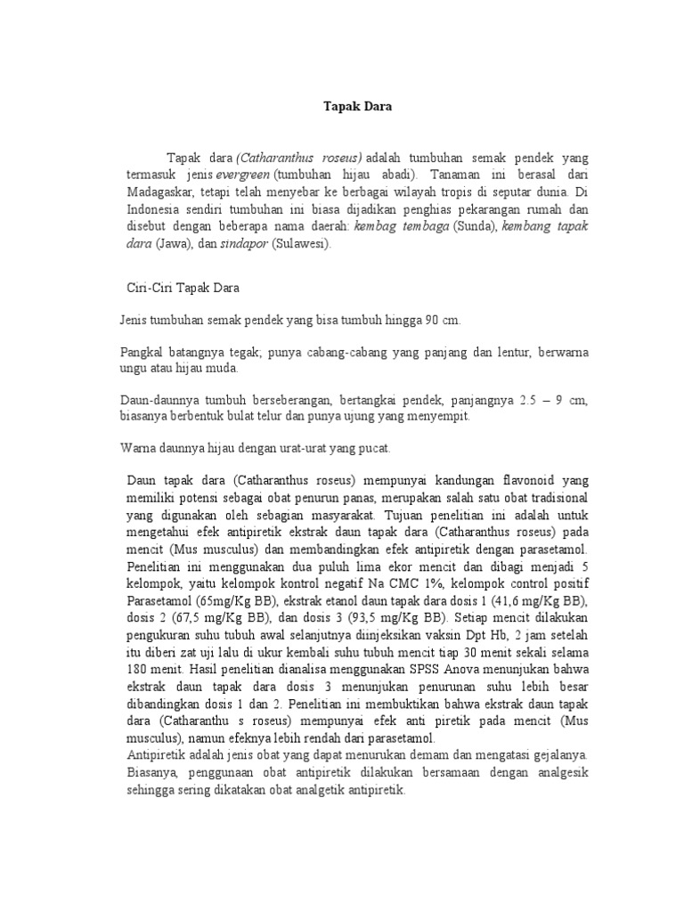 KANDUNGAN BIOAKTIF DAN EFEK ANTIPIRETIK EKSTRAK DAUN TAPAK DARA | PDF