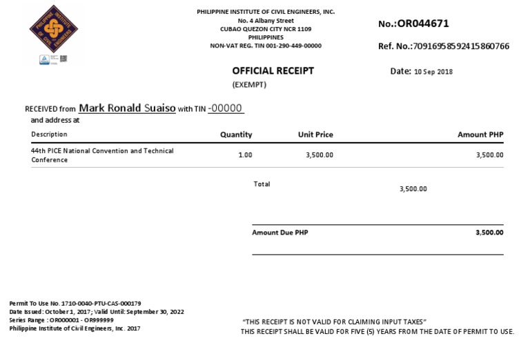 Official Receipt for PICE Conference 2018 | PDF
