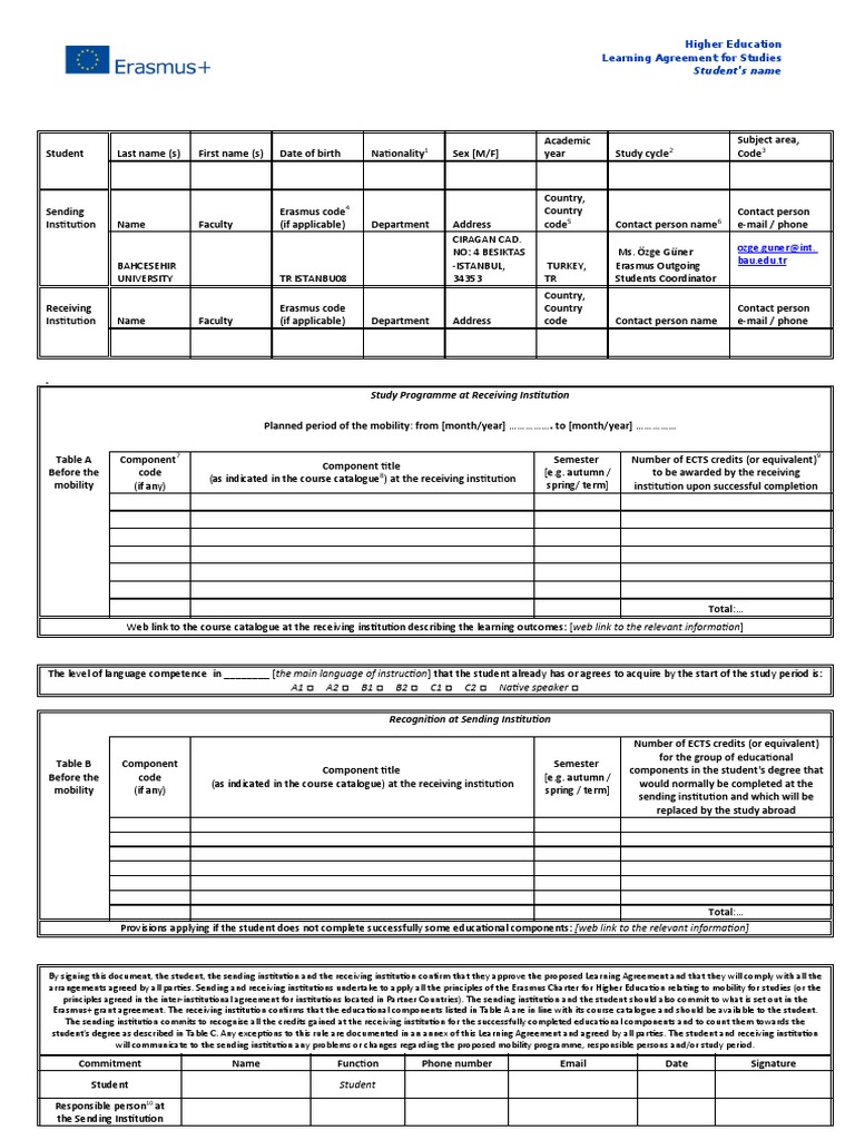 BAU Erasmus Learning Agreement Guide | PDF | Academic Degree | Learning