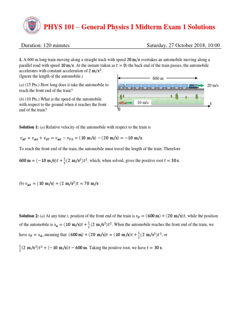 PHYS 101 - General Physics I Midterm Exam 1 Solutions: Duration: 120 ...