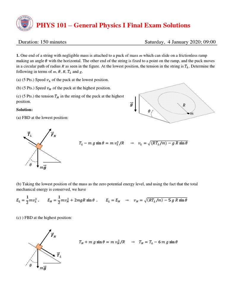PHYS 101 - General Physics I Final Exam Solutions: Duration: 150 ...