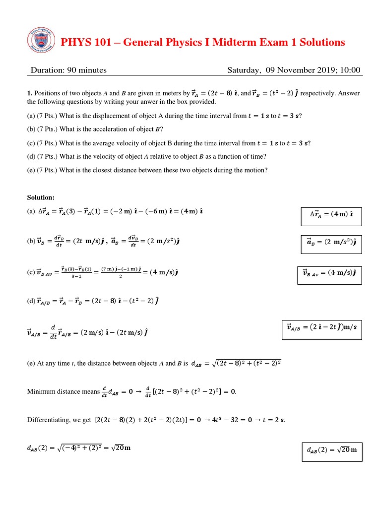 PHYS 101 - General Physics I Midterm Exam 1 Solutions: Duration: 90 ...