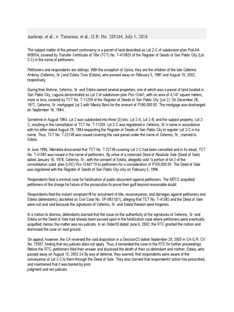 Ambray, Et Al., v. Tsourous, Et Al., G.R. No. 209264, July 5, 2016 ...