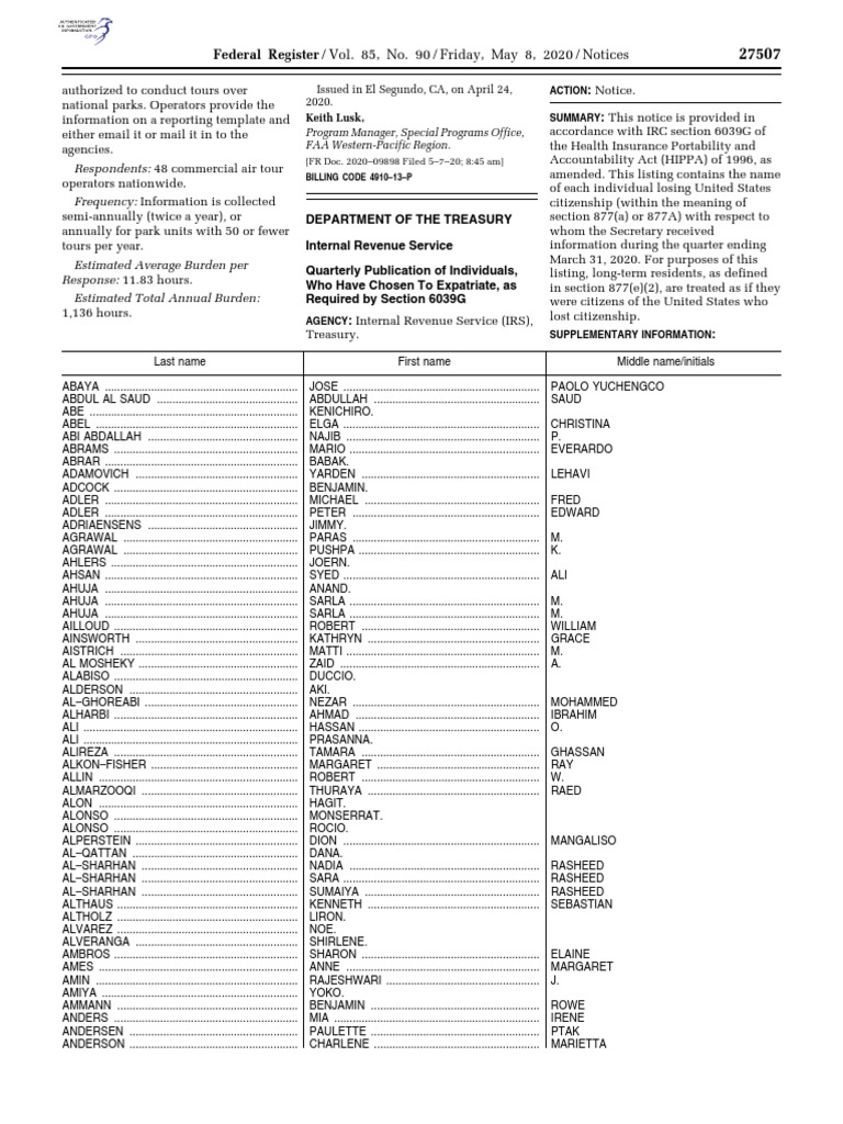 Federal Register of Individuals Who Have Chosen To Expatriate | PDF ...