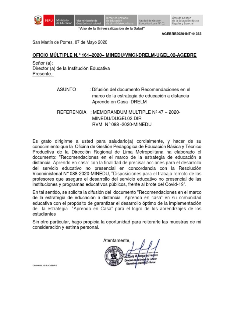 Oficio Múltiple 161-2020-Ugel02 | PDF