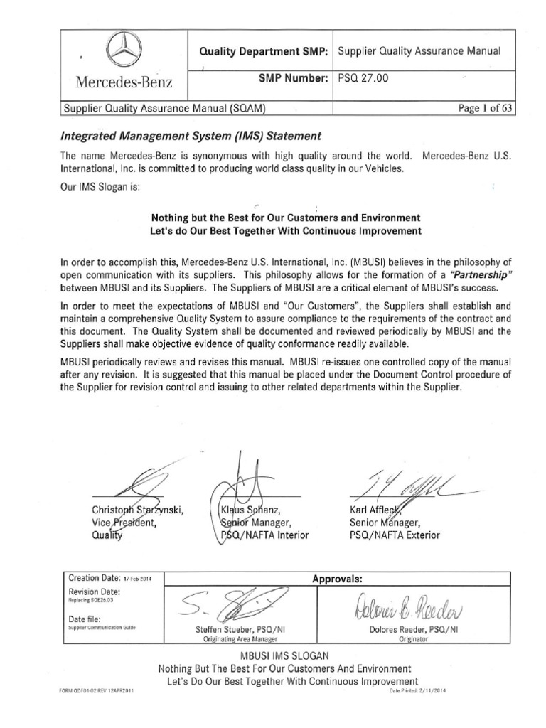 MERCEDES - Supplier Quality Assurance Manual (SQAM) | PDF | Quality ...