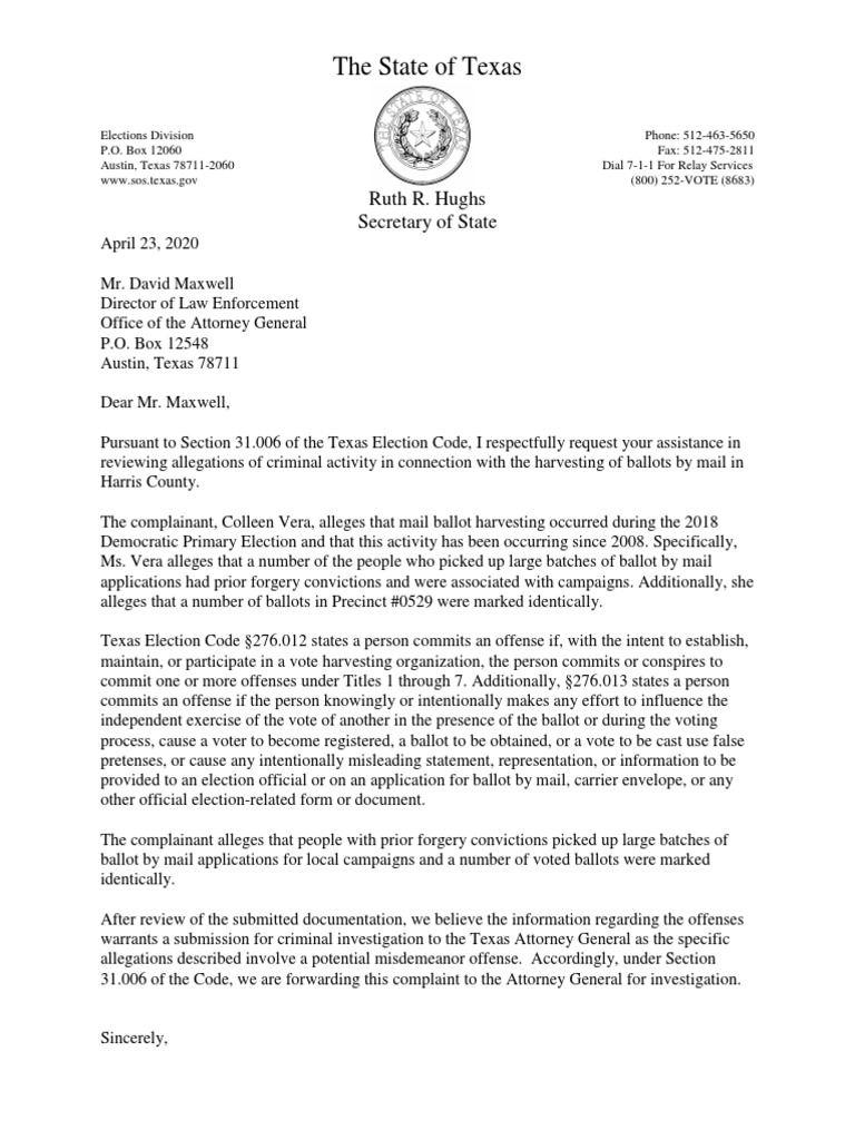 SOS Letter to AG on Harvesting Complaint | Public Law | Government