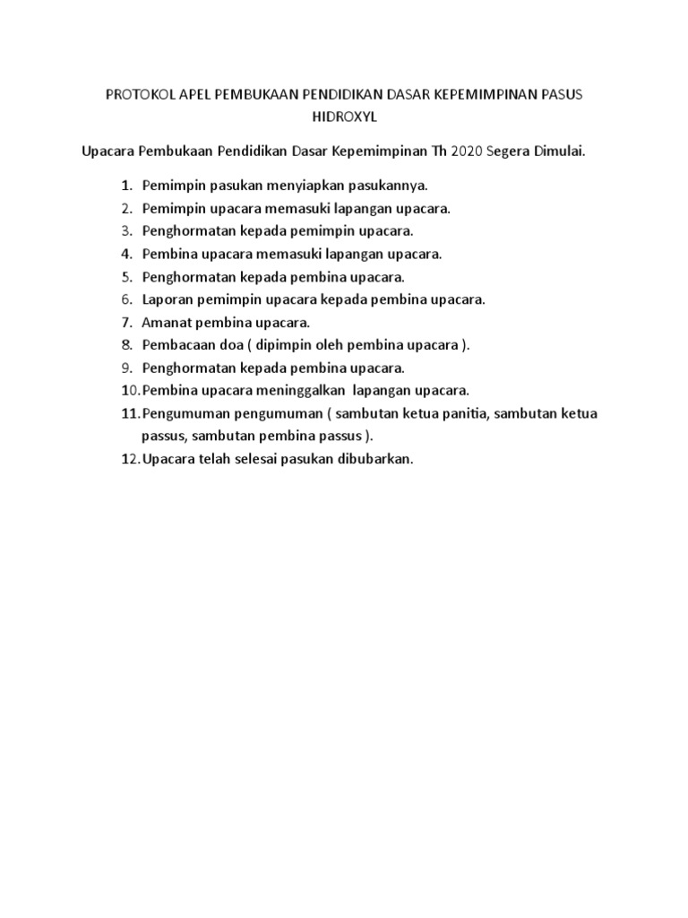 Protokol Apel Pendidikan Dasar Kepemimpinan Pasus Hidroxyl | PDF