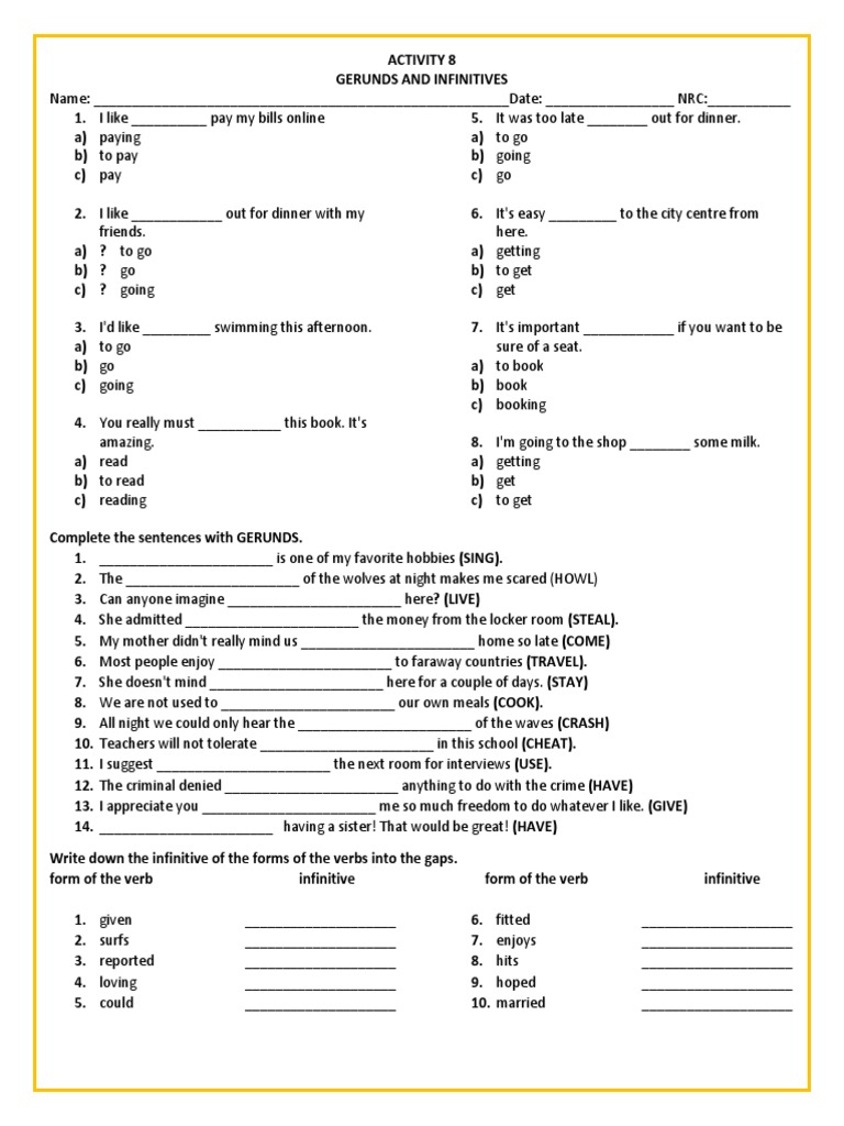 Activity 8 Gerunds and Infinitives PDF | PDF | Language Mechanics | Syntax