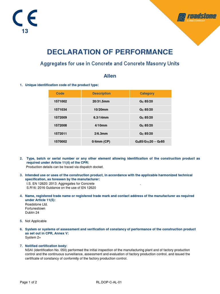 Declaration of Performance: Aggregates For Use in Concrete and Concrete ...