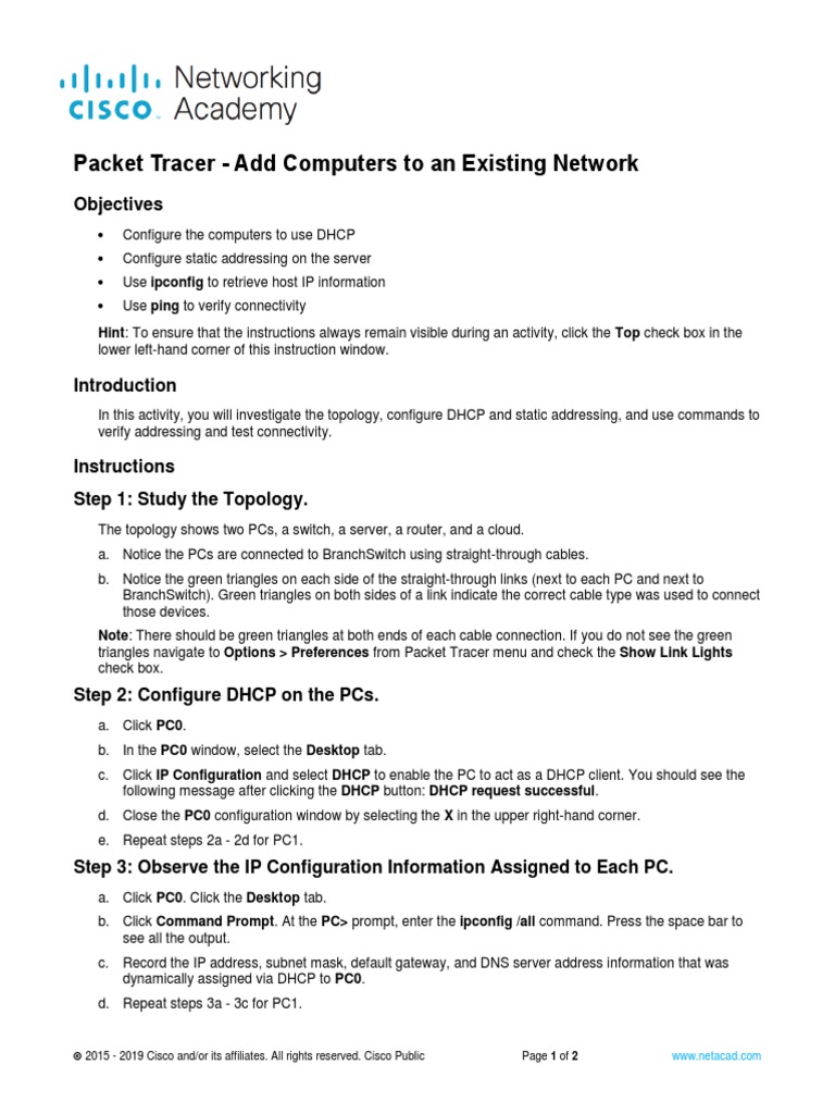6.1.2.1 Packet Tracer - Add Computers To An Existing Network PDF | PDF | Ip Address | Gateway ...