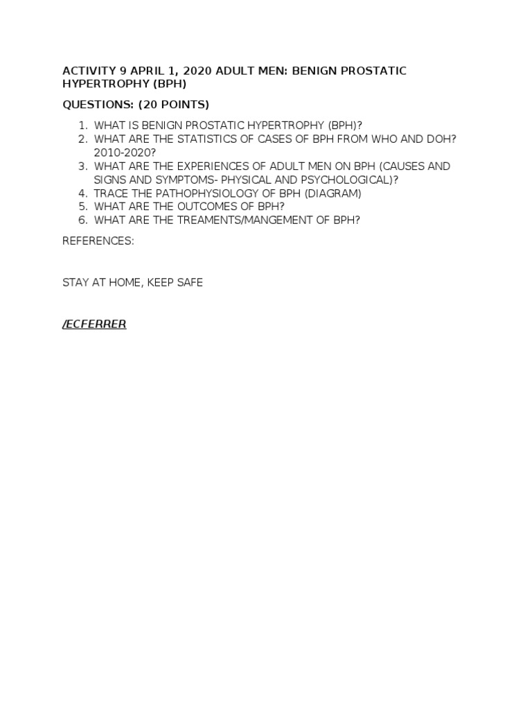 Activity 9 April 1, 2020 Adult Men: Benign Prostatic Hypertrophy (BPH ...