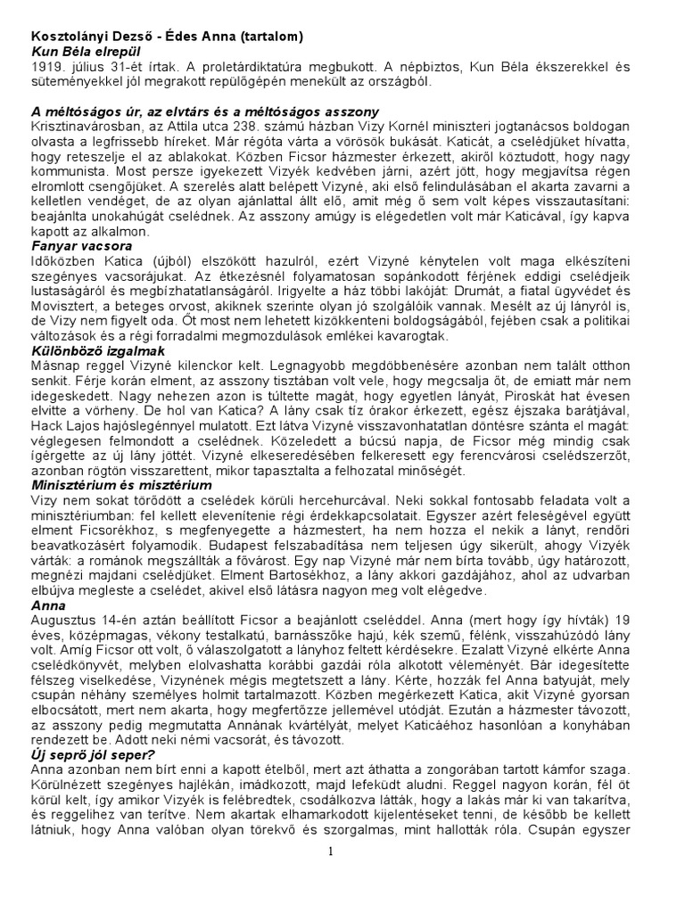Kosztolányi Dezső Edes Anna Tartalom | PDF