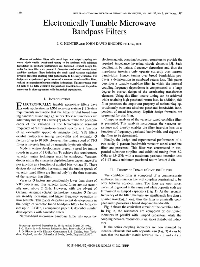 Electronically Tunable Microwave Bandpass Filters | PDF | Electronic Filter | Bandwidth (Signal ...