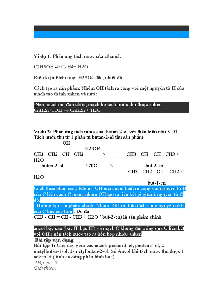 Ví dụ 2: Phản ứng tách nước của butan-2-ol với điều kiện như VD1 | PDF