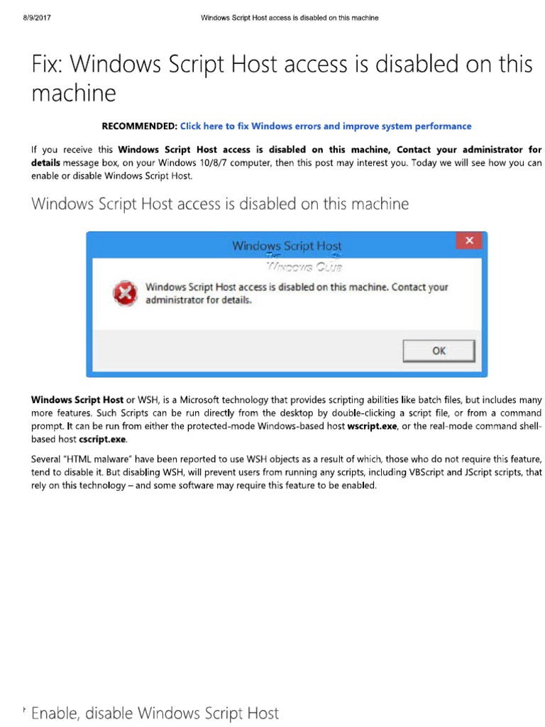 Windows Script Host Access Is Disabled On This Machine | PDF