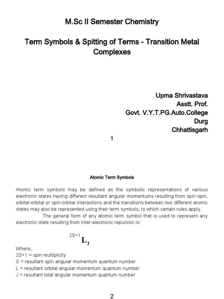 Term Symbols & Spitting of Terms - Transition Metal Complexes | PDF ...