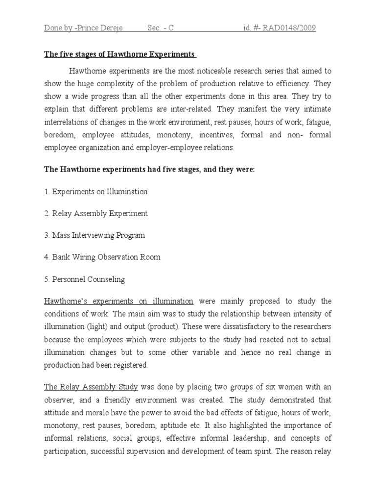 Phases of the Hawthorne Experiments | PDF | Piece Work | Experiment