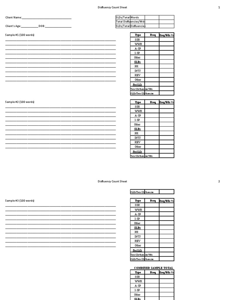 Disfluency Count Sheet Template | PDF | Speech