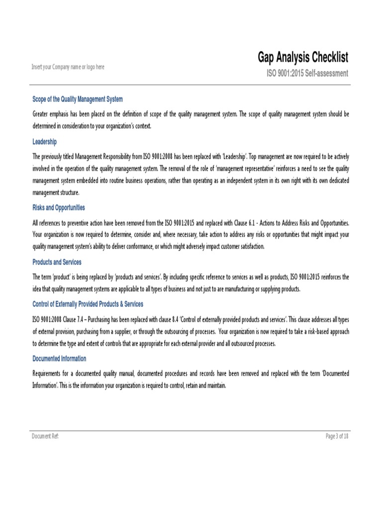 ISO 9001 2015 Gap Analysis Checklist Sample PDF | PDF