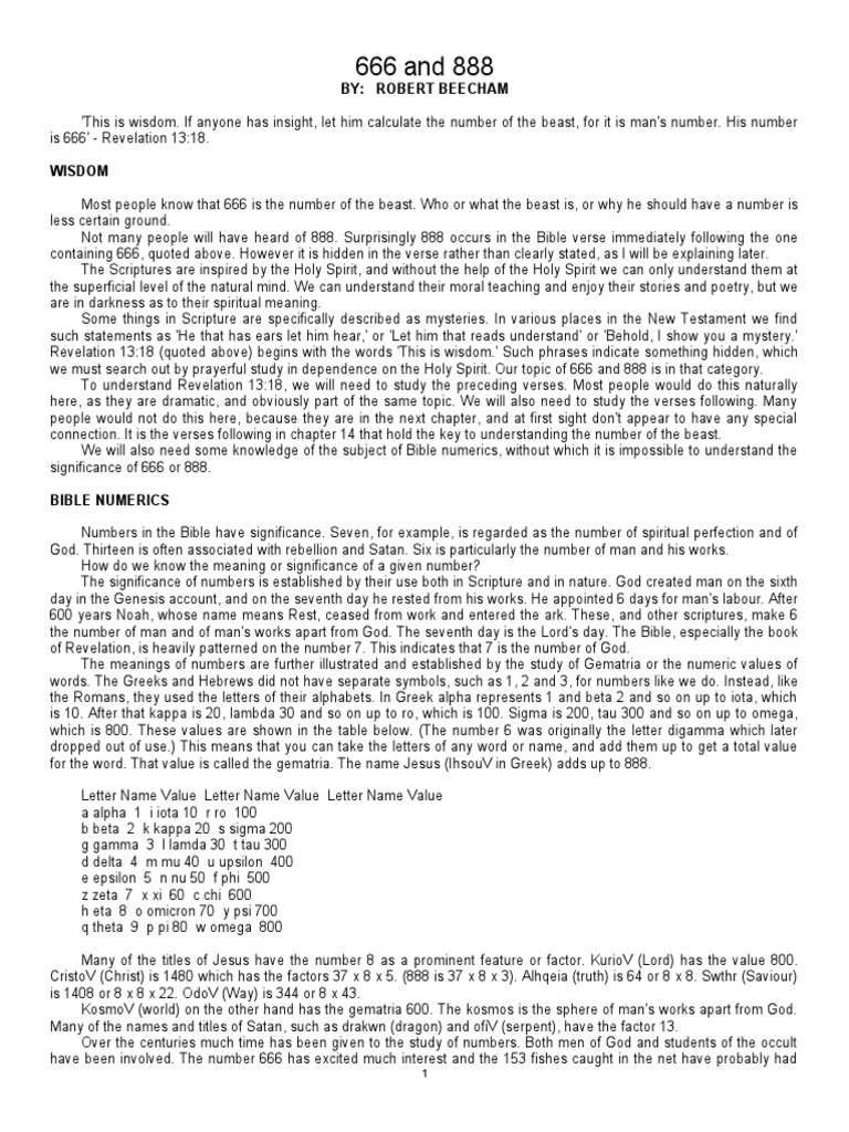 666 and 888 (Robert Beecham) | PDF | Number Of The Beast | Heaven