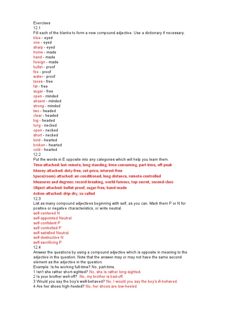 12 Exercises on Compound Adjectives | PDF | Grammar | Languages