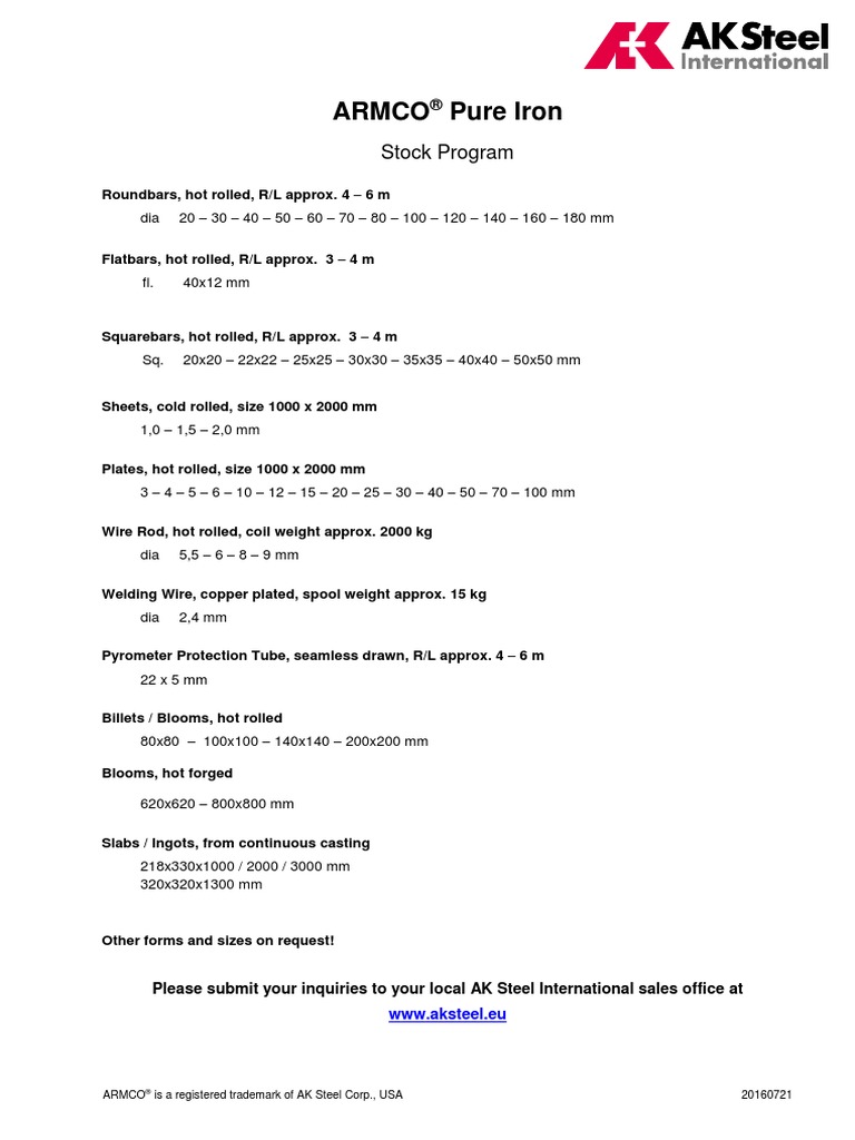 ARMCO® Pure Iron Stock Options | PDF | Sports & Recreation | Home & Garden