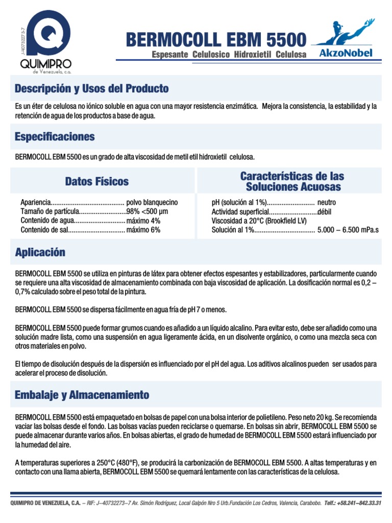 BERMOCOLL EBM 5500: Espesante Celulósico | PDF | Ph | Agua