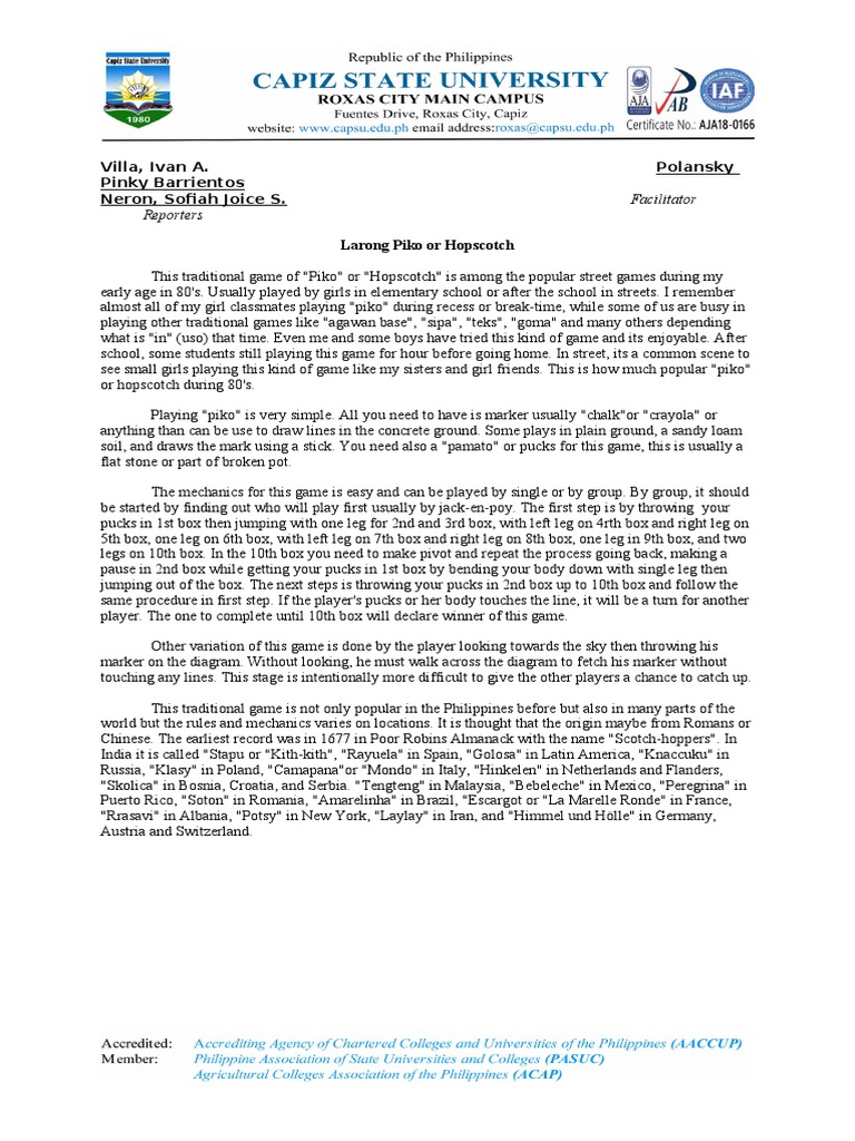 Piko Game - Laro NG Lahi | PDF | Sports | Leisure