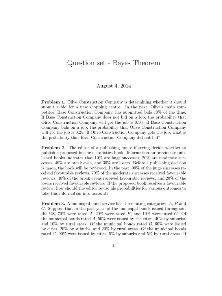 Question Set - Bayes Theorem: August 4, 2014 | Download Free PDF ...