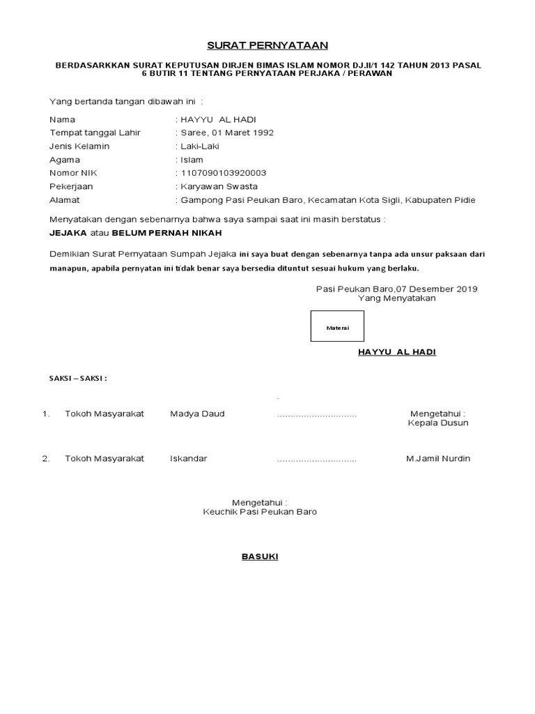 Surat Pernyataan Jejaka Perawan | PDF