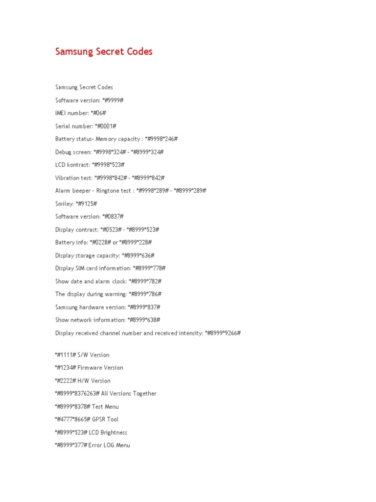 Samsung Secret Codes | PDF | Electronics | Subscriber Identity Module