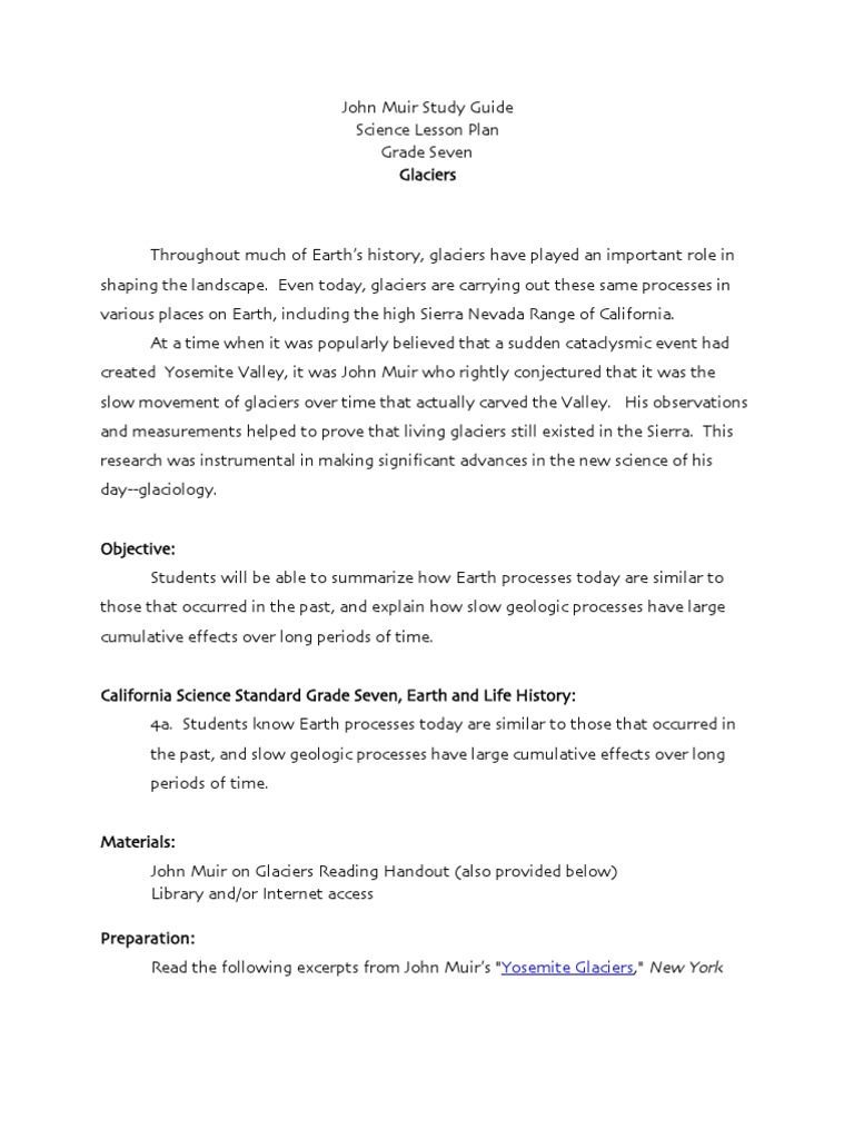 Glaciers Grade Seven Science Lesson Plan John Muir Study Guide | PDF ...