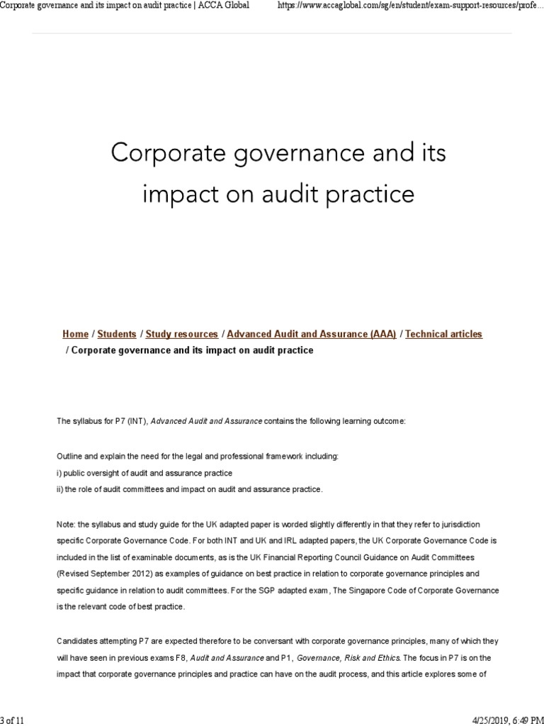 Corporate Governance and Its Impact On Audit Practice - ACCA Global ...