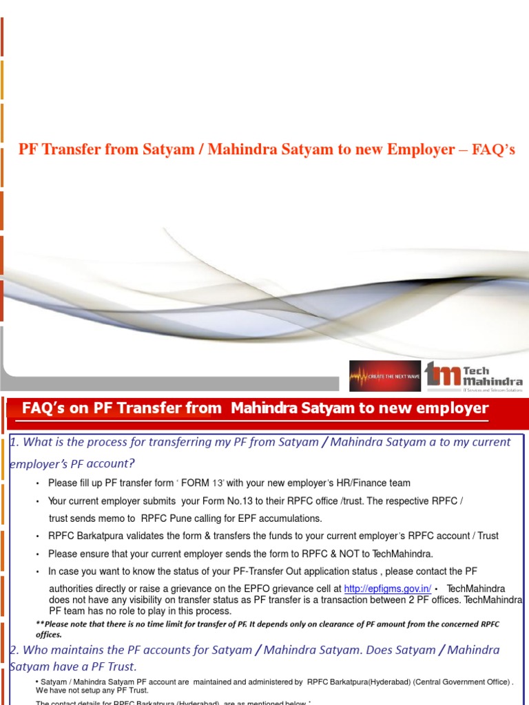 PF Transfer From Satyam / Mahindra Satyam To New Employer - FAQ's | PDF | Business | Retirement