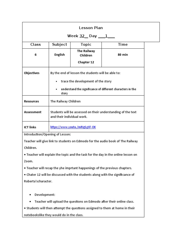 Lesson Plan Week 32 - Day - 1 - Class Subject Topic Time 6 English The ...