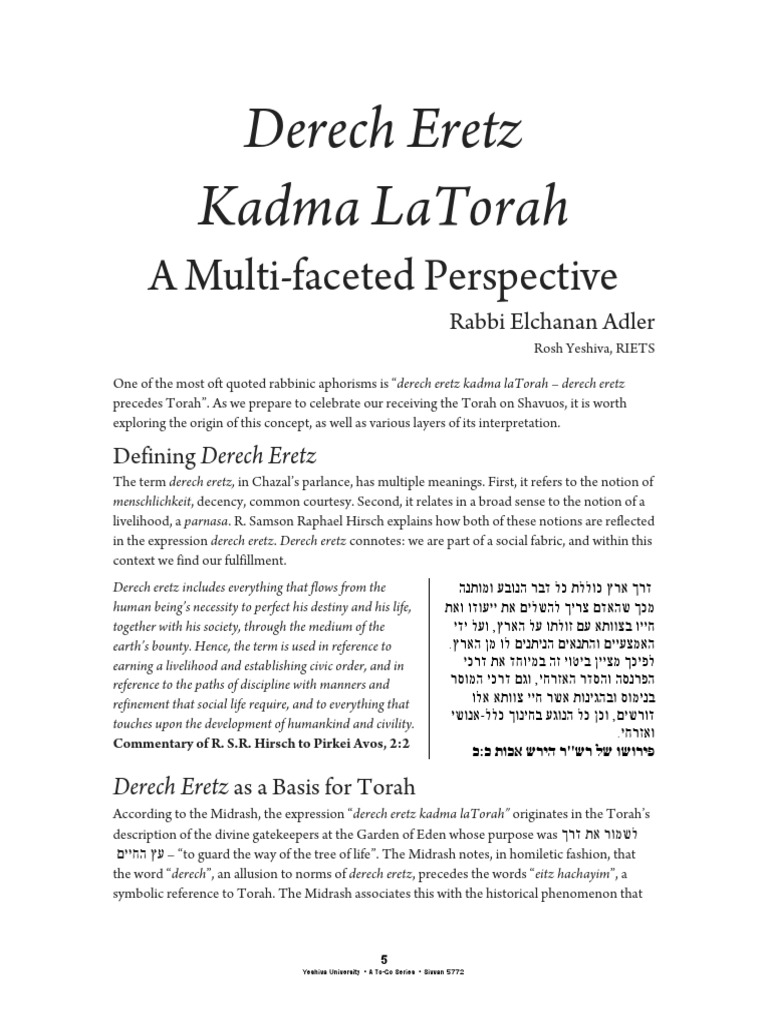 Derech Eretz Kadma Latorah: A Multi-Faceted Perspective | PDF | Mitzvah ...
