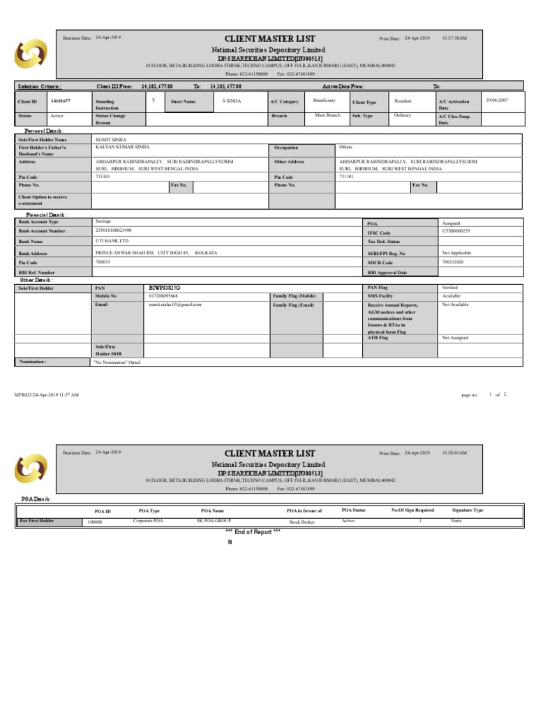 Client Master List National Securities Depository Limited Pdf